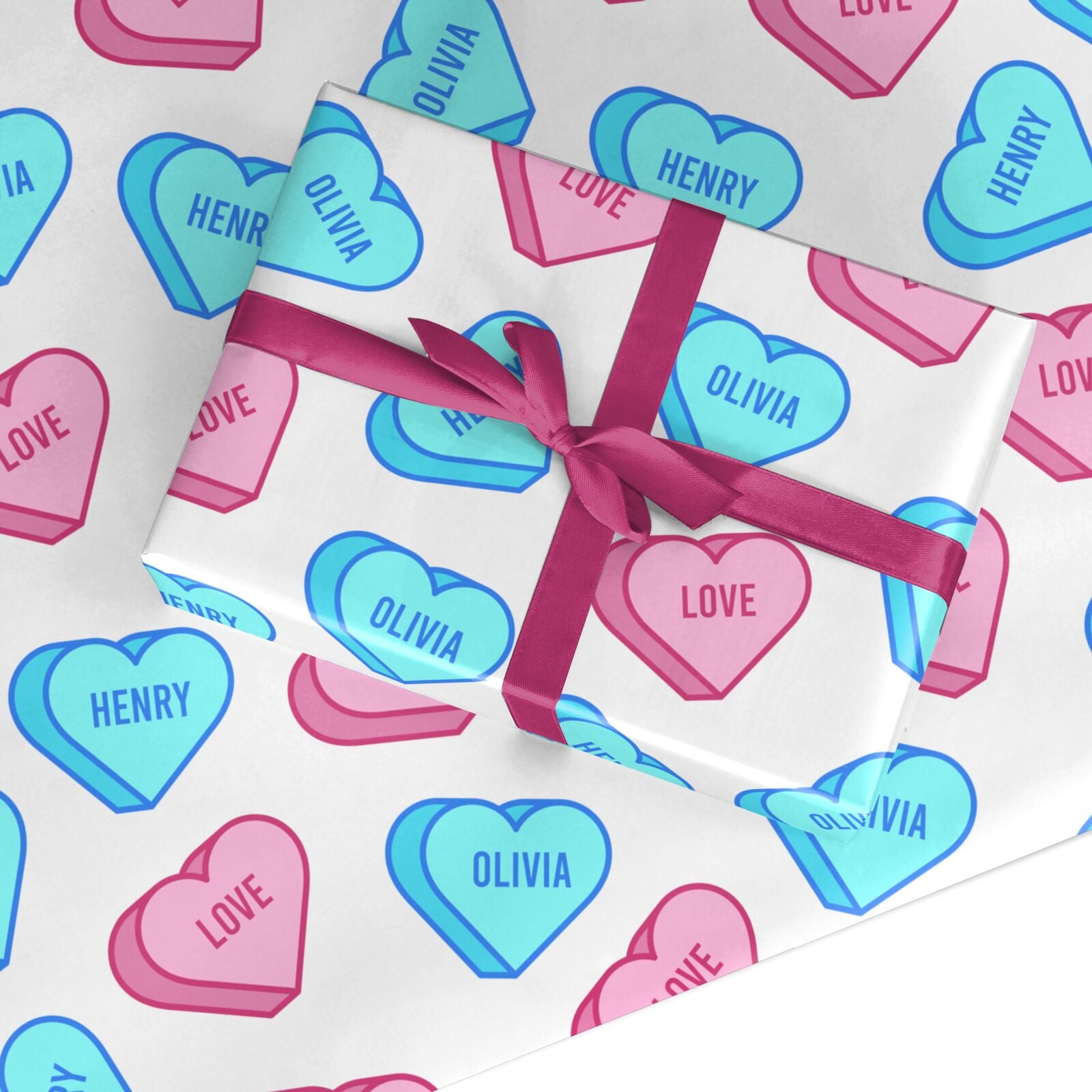 Love Heart Sweets with Names Wrapping Paper – Dyefor