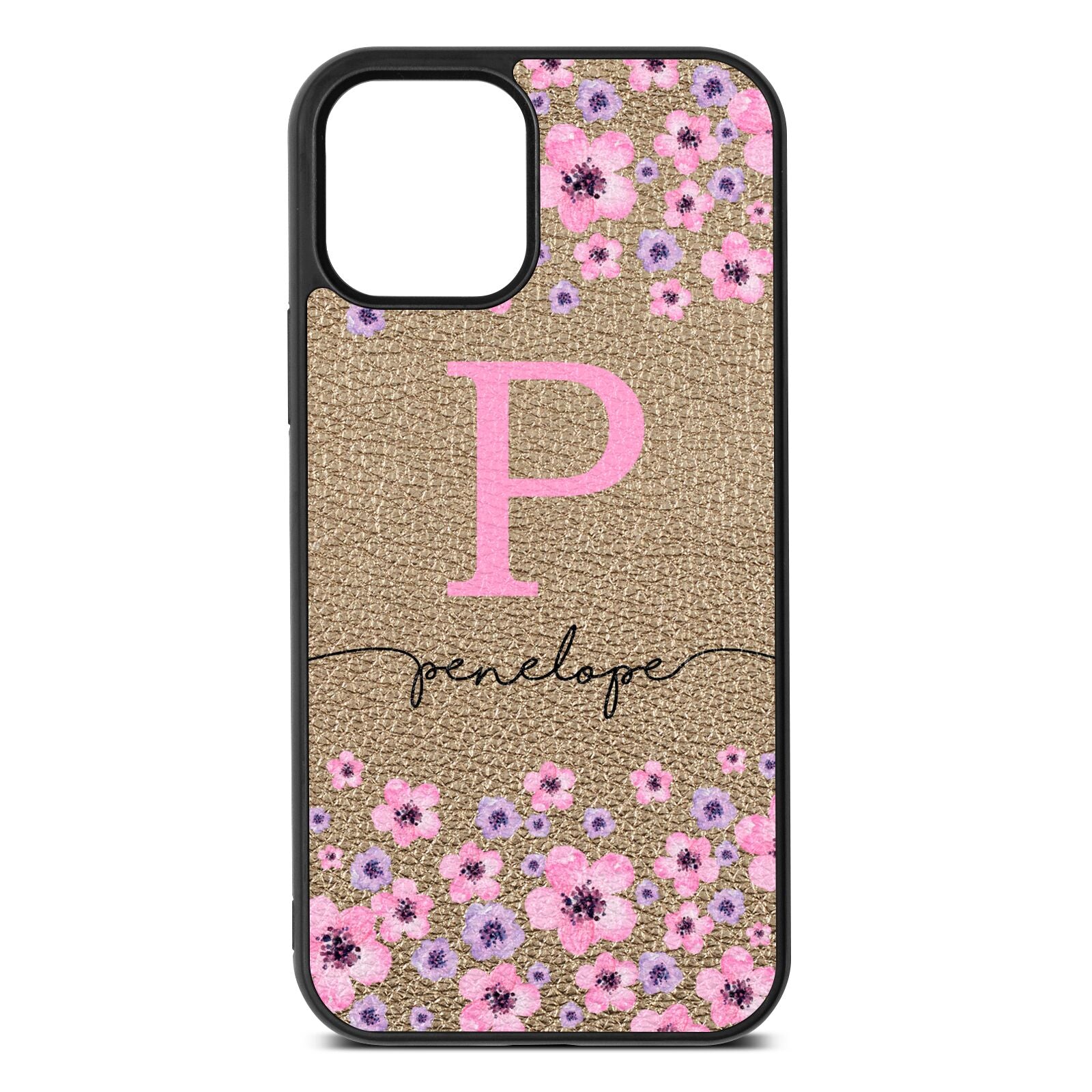 Personalised Pink Floral Pebble Leather Gold iPhone Case – Dyefor